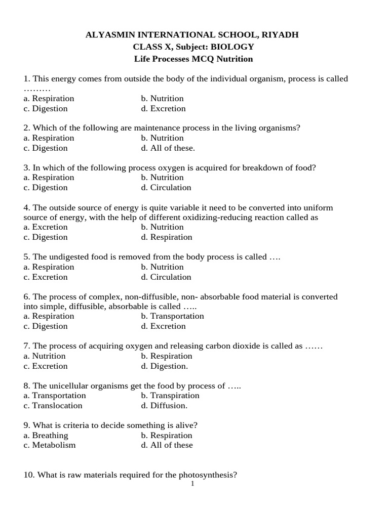 Class 10 MCQs on Life Processes | PDF | Cellular Respiration | Atrium ...