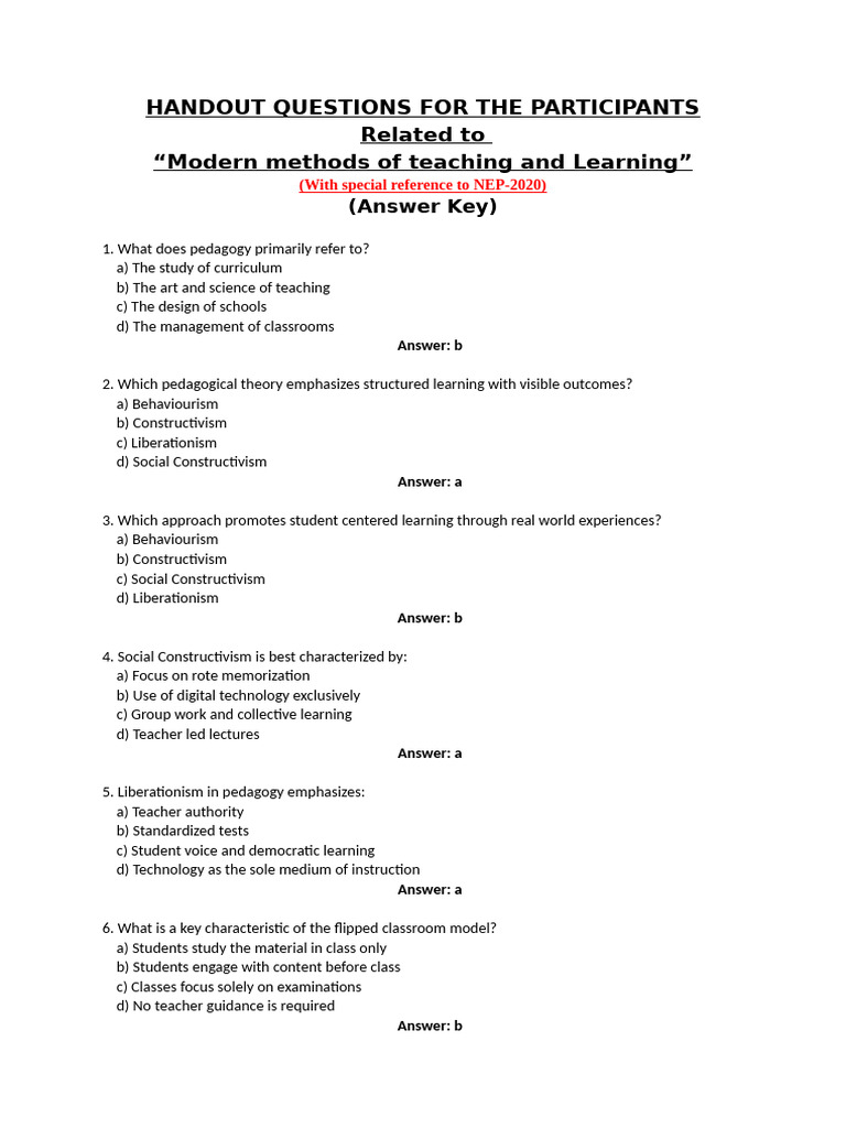 Multiple Choice Questions' Answer Sheet | PDF | Pedagogy ...