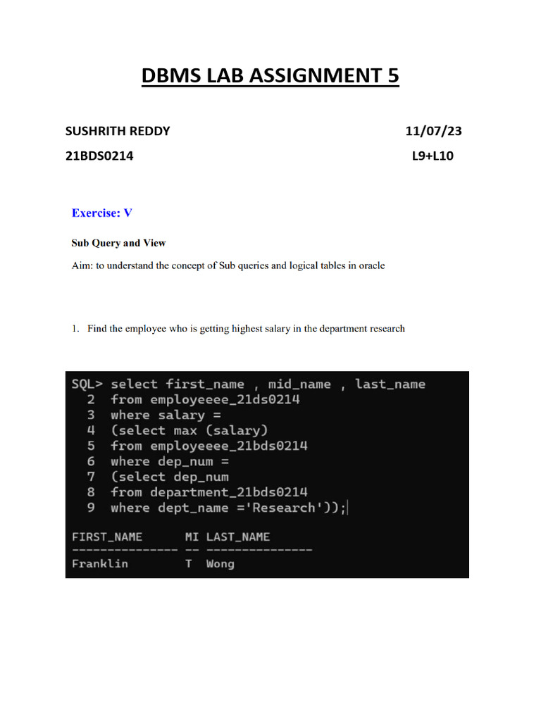 Dbms Lab Assignment 5 - 21bds0214 | PDF