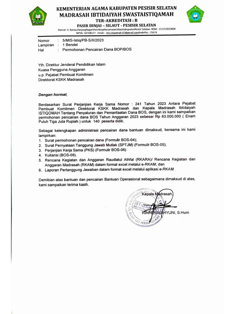 Surat Pencairan Dana 2023 | PDF