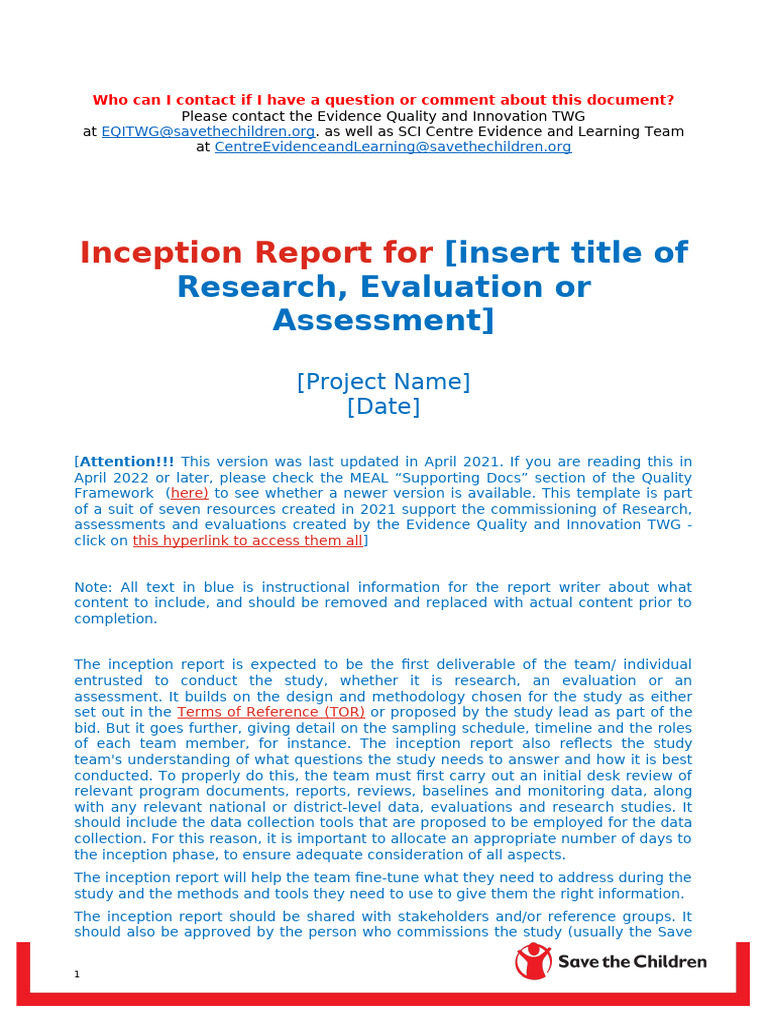 Inception Report Template For Research, Evaluation or Assessment | PDF ...