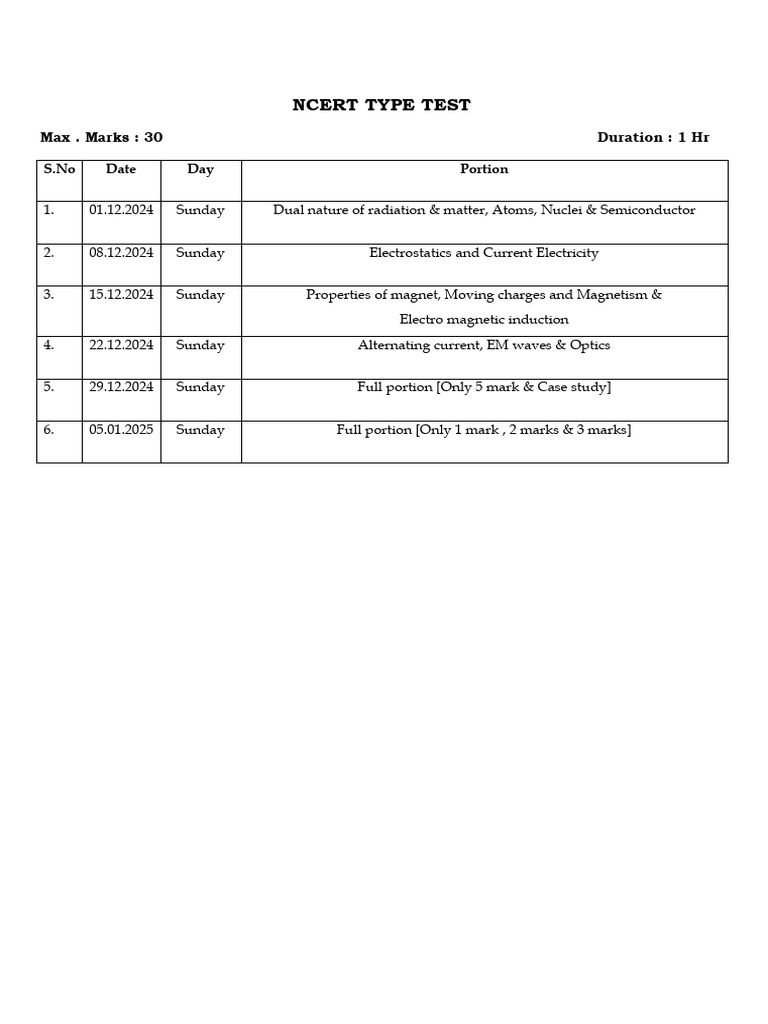NCERT Test Schedule for Physics Topics | PDF