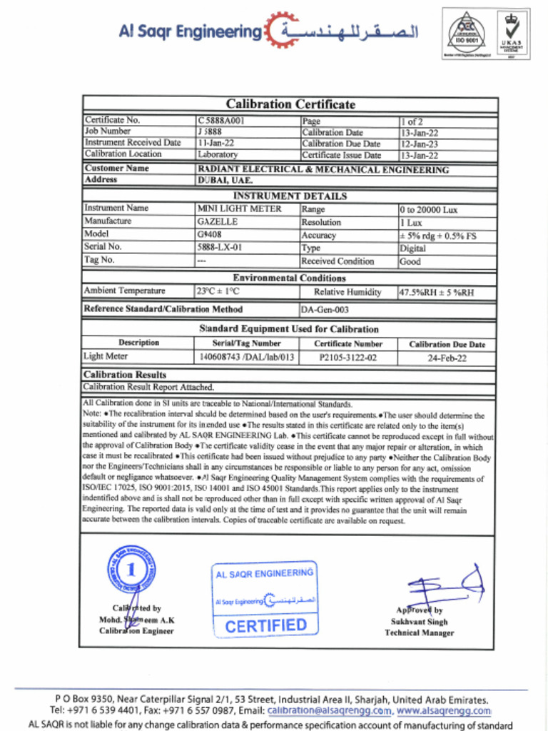 Mini Light Meter-Calibration Certificate | PDF