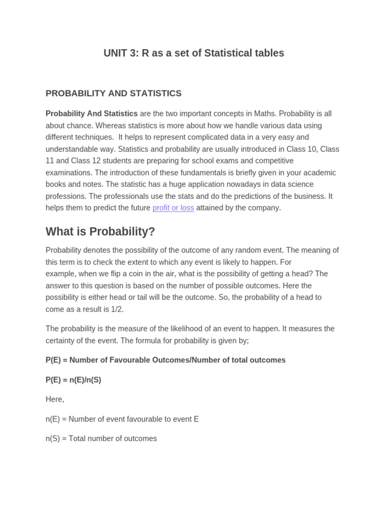 Unit 3 R As A Set of Statistical Tables | PDF | Expected Value | Probability Distribution