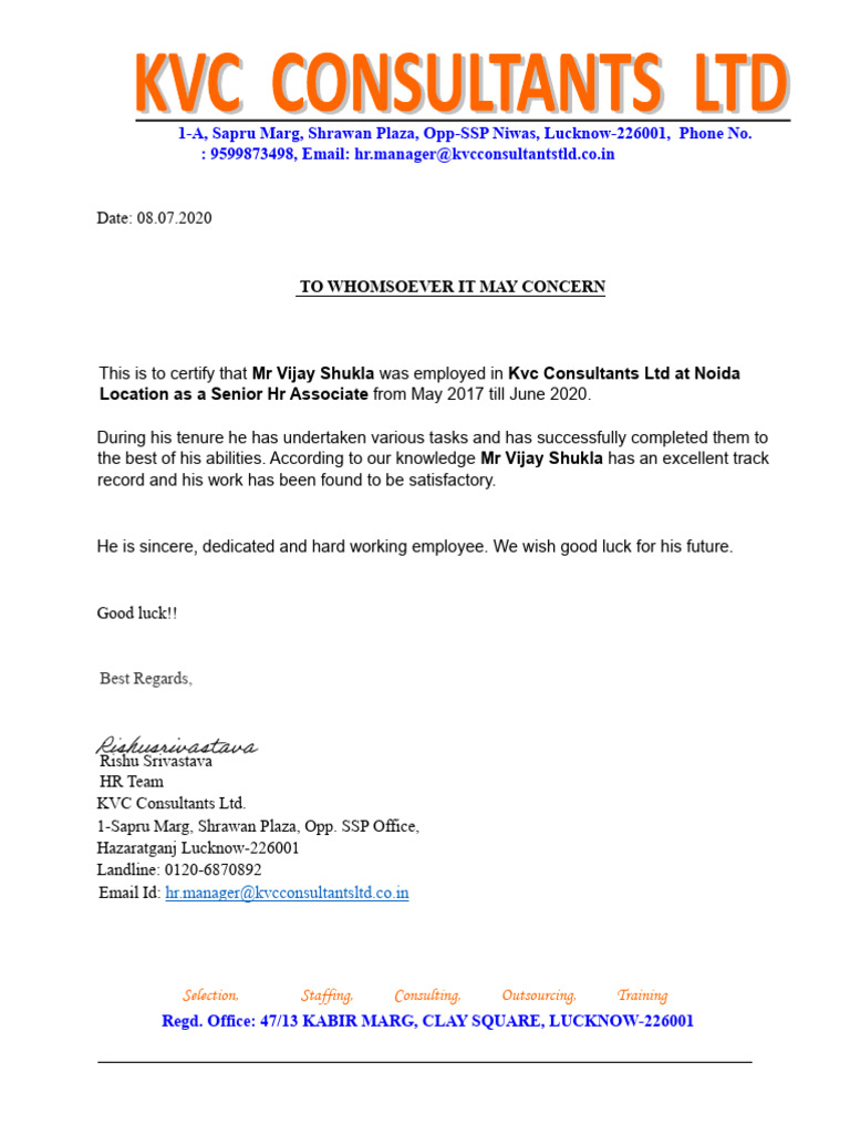 experience letter KVC consultant (1) | PDF