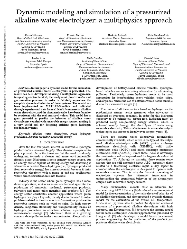 Iribarren Et Al 2021 Dynamic Modeling And Simulation Of A Pressurized Alkaline Water
