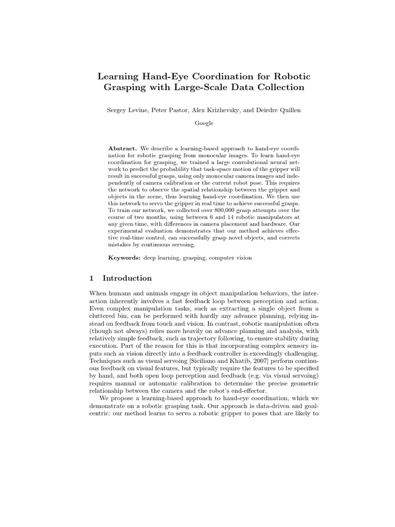 Learning Hand-Eye Coordination for Robotic. Alex Krizhevsky | PDF