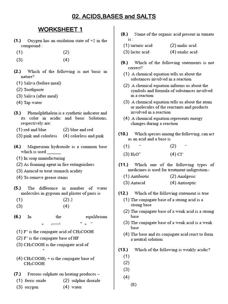 Acids, Bases, and Salts Worksheet | PDF | Acid | Chemical Reactions