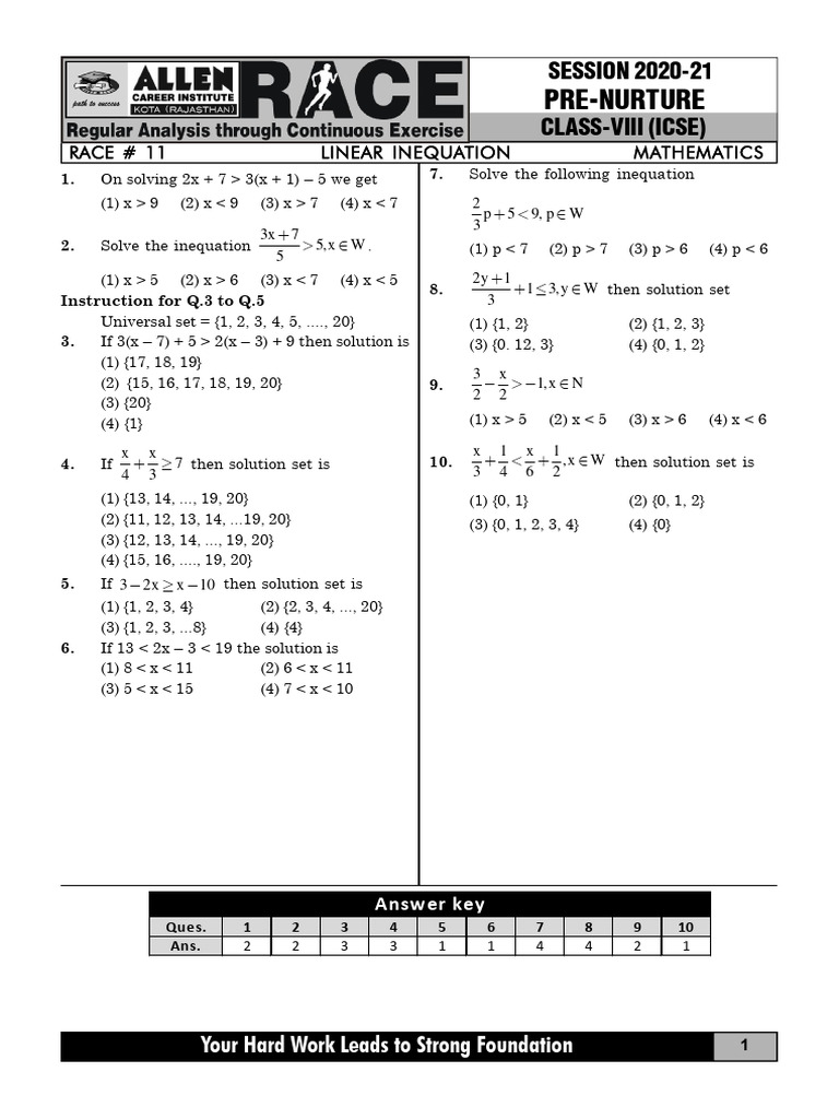 RACE-11 - Linear Inequation (MATHS) CLASS-VIII | PDF | Mathematics | Mathematical Analysis