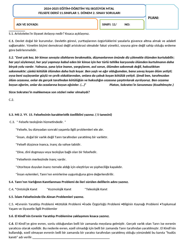 11.sinif Felsefe Dersi̇ 1.dönem 2.yazili Cevaplari | PDF