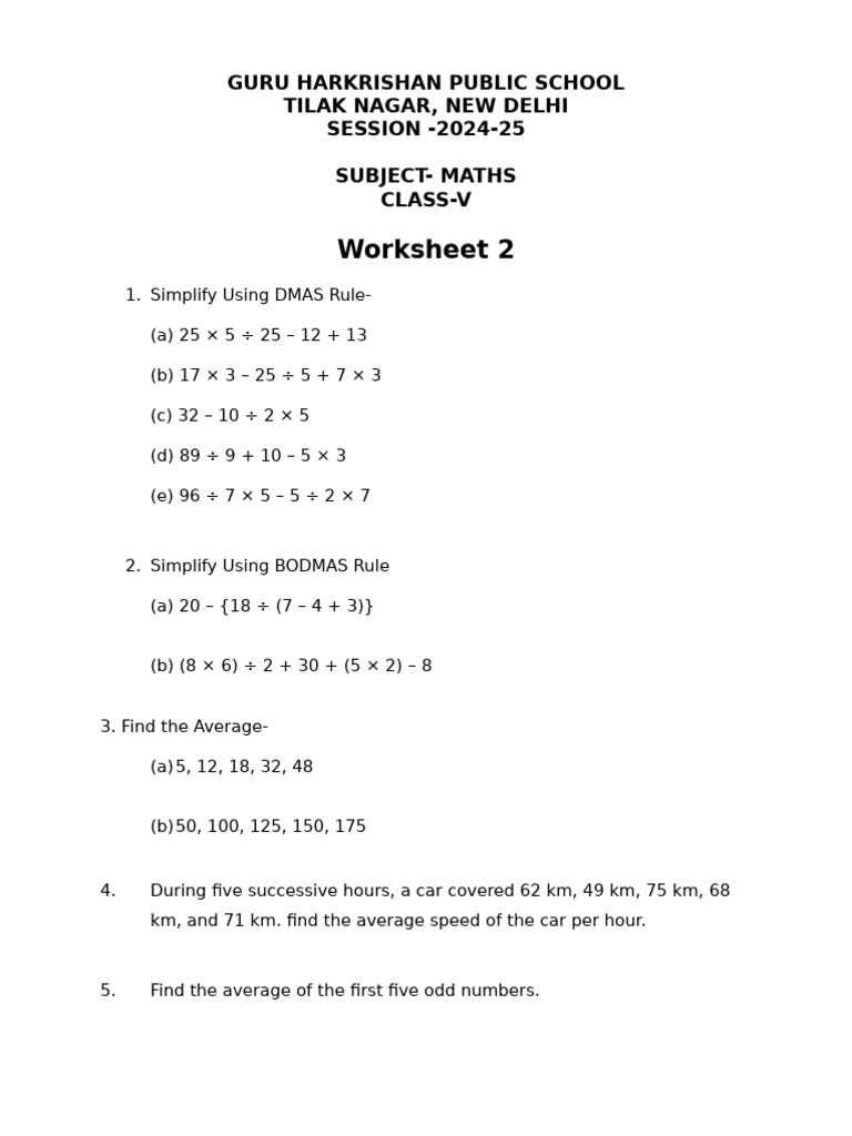 Class 5 Worksheet 2 Maths | PDF
