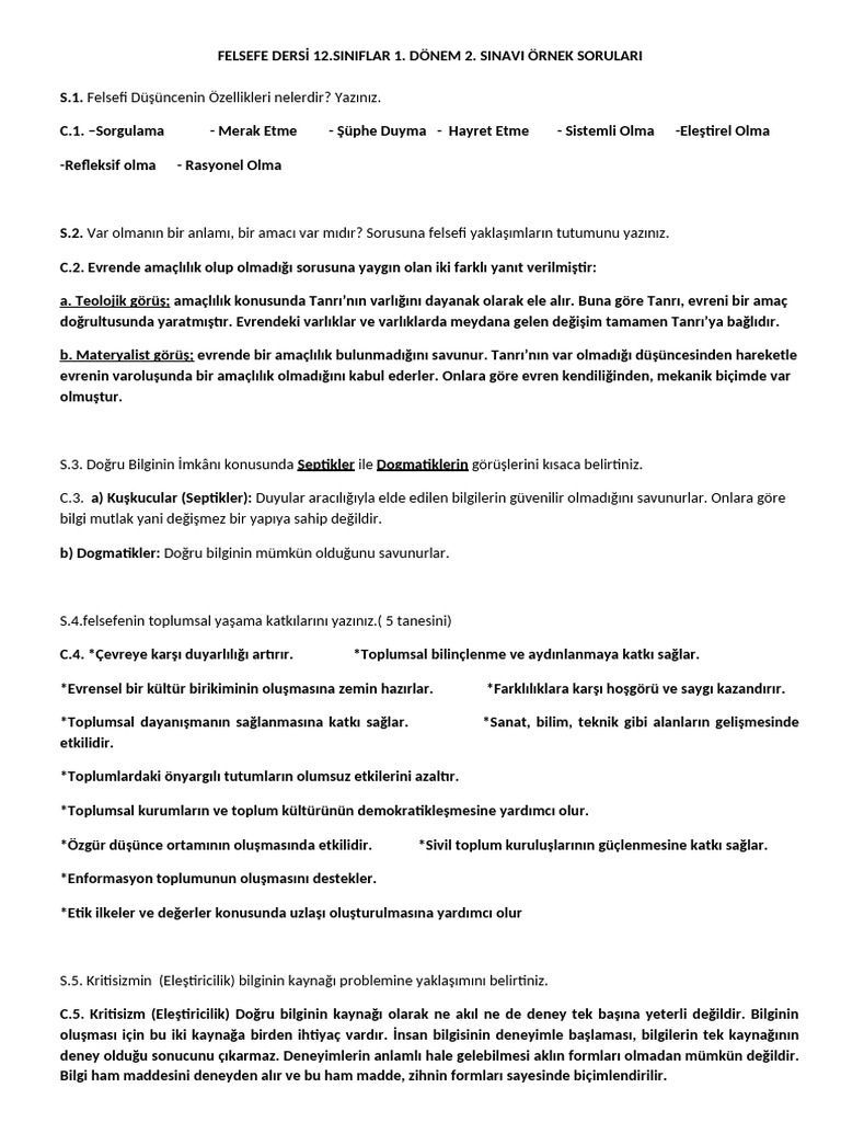 Felsefe Dersi̇ 12.siniflar 1. Dönem 2. Sinavi Örnek Sorulari | PDF