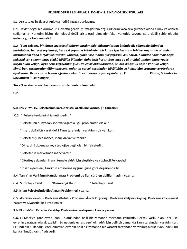 11 FELSEFE DERSİ 1.DÖNEM 2. Örnek YAZILI | PDF