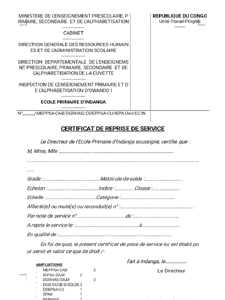 Certificat de Reprise de Service Indanga_phoenix | PDF