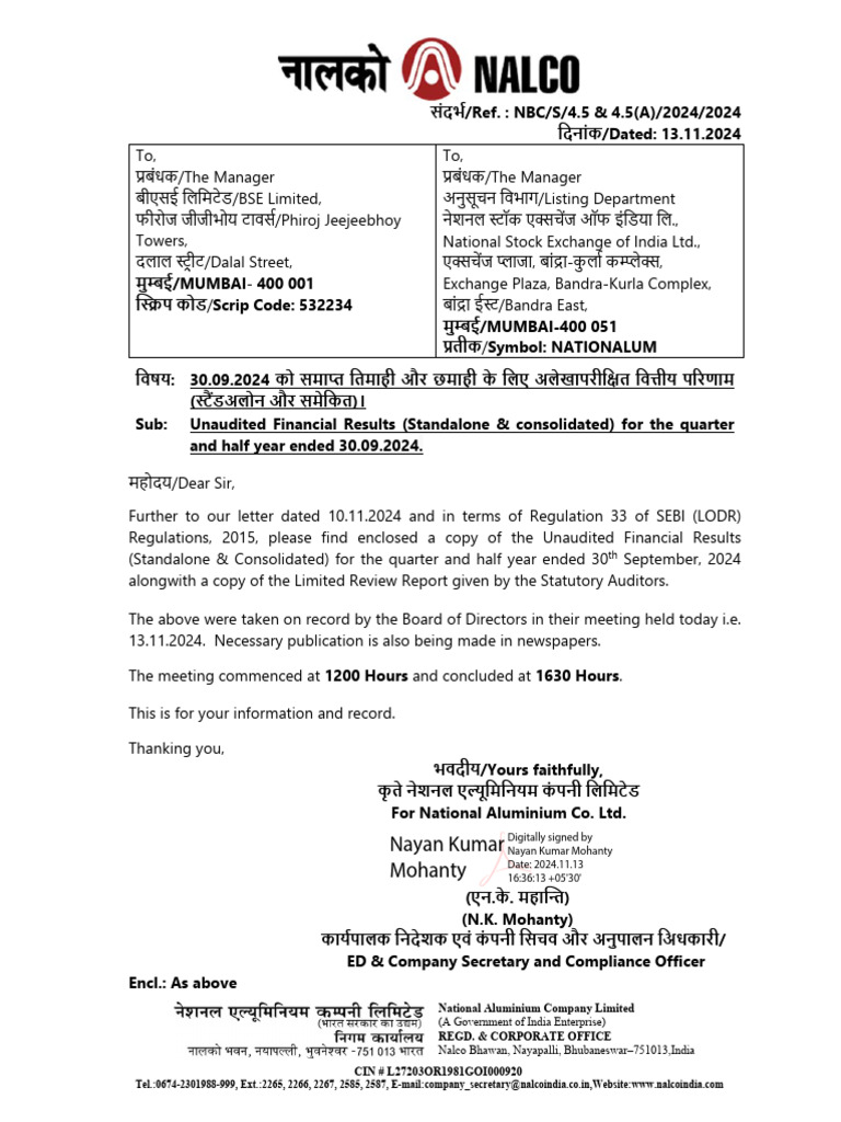 Letter Out Come Sept 2024 Results | PDF | Expense | Working Capital