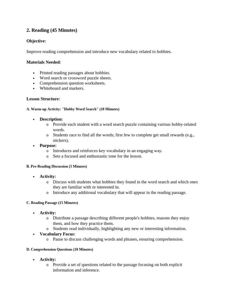 Lecture Plan Hobbies - Reading | PDF