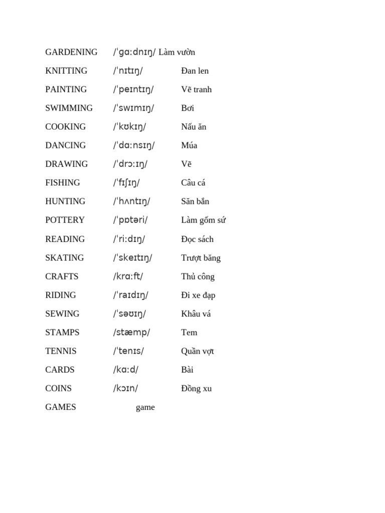 Vocabulary About HOBBIES | PDF