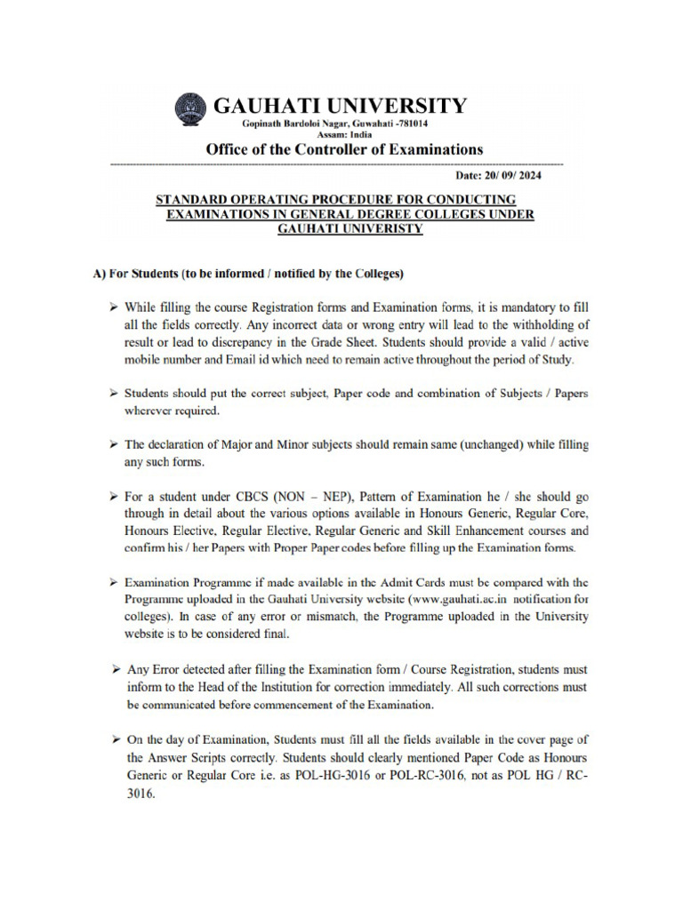 SOP For Conducting Exams - For Students | PDF