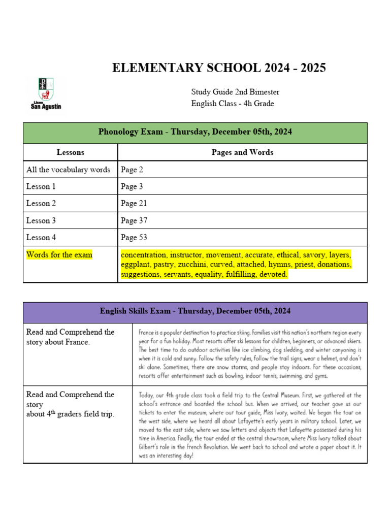 4th Grade Study Guide Overview | PDF | English Language | Word