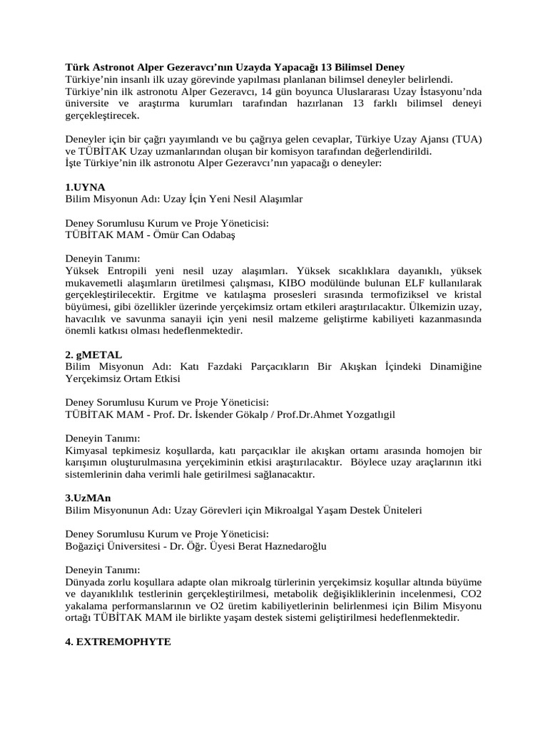 Türk Astronot Alper Gezeravcı'nın Uzayda Yapacağı 13 Bilimsel Deney | PDF