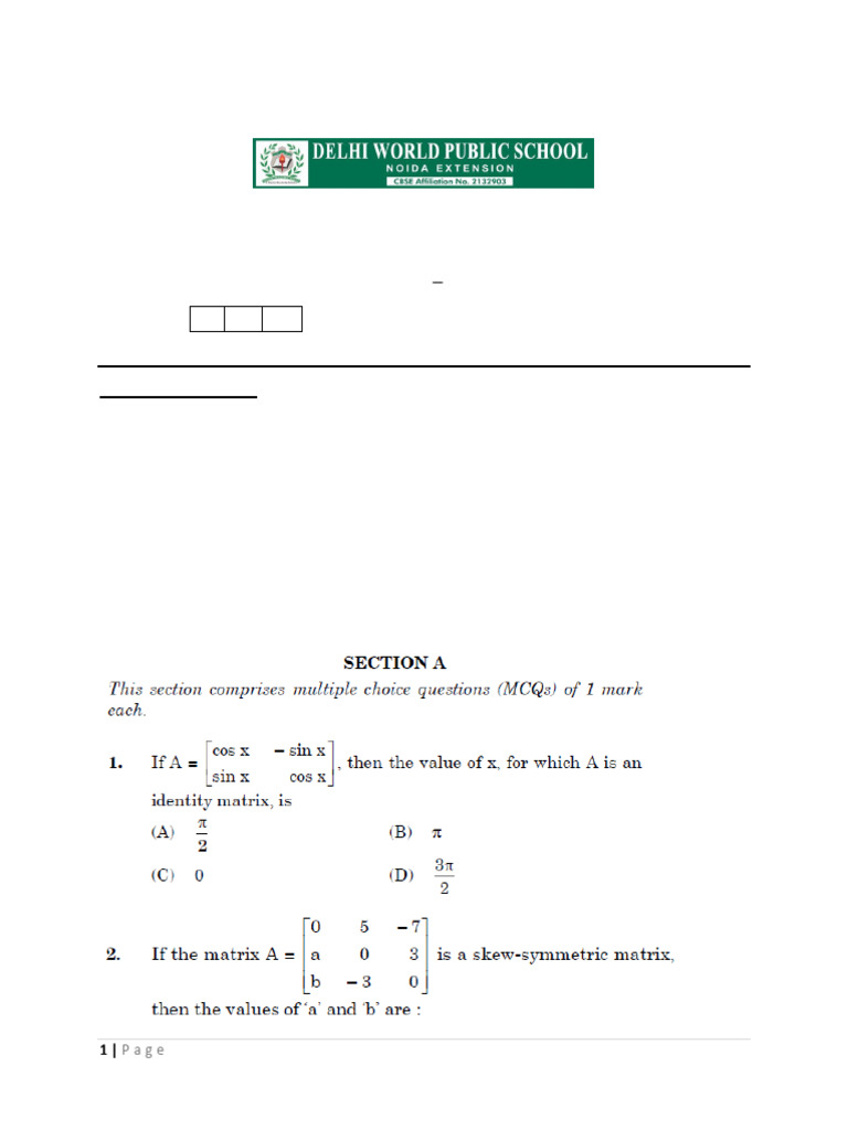 DWPS - Xii - PB1 - Math - Set A - Shilpijain | PDF