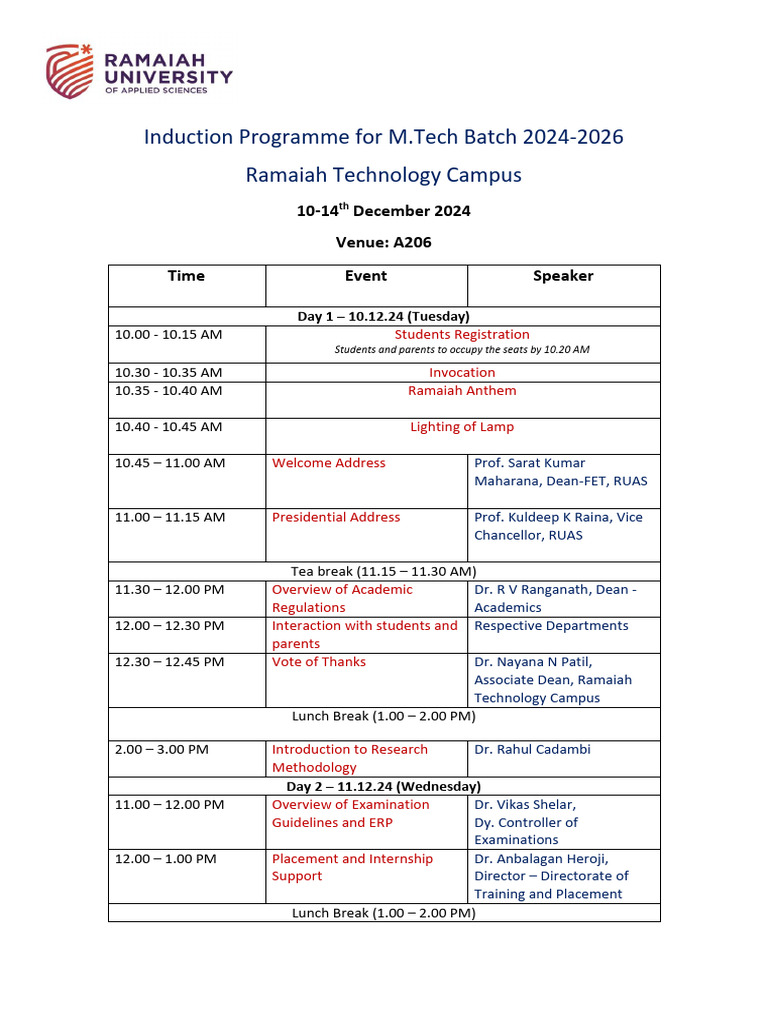 M.Tech Induction Program 2024-2026 Schedule | PDF | Academia