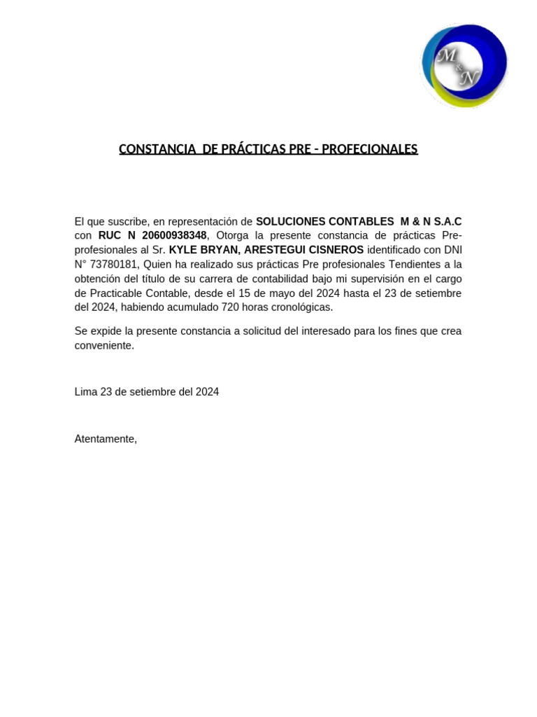 Constancia de Prácticas Pre - Bryan Cisneros | PDF