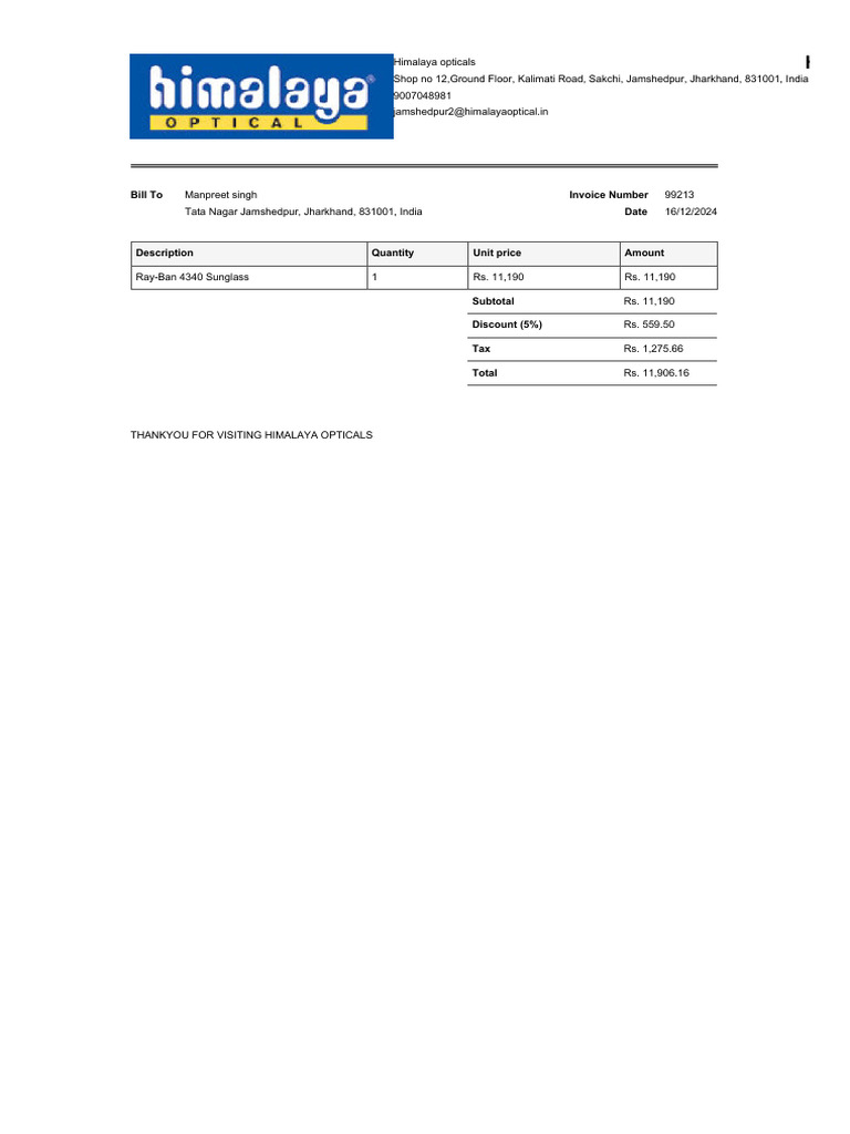 Opticals Invoice - 99213 | PDF