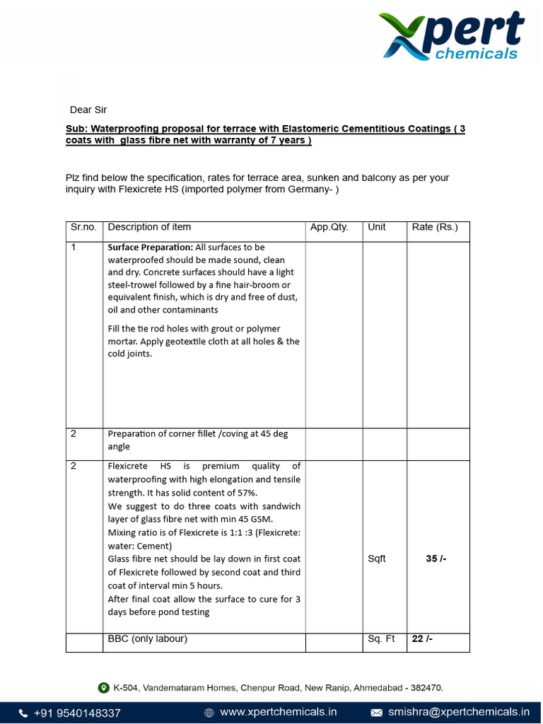 Waterproofing Proposal With Flexicrete at Chhatral | PDF | Cement ...