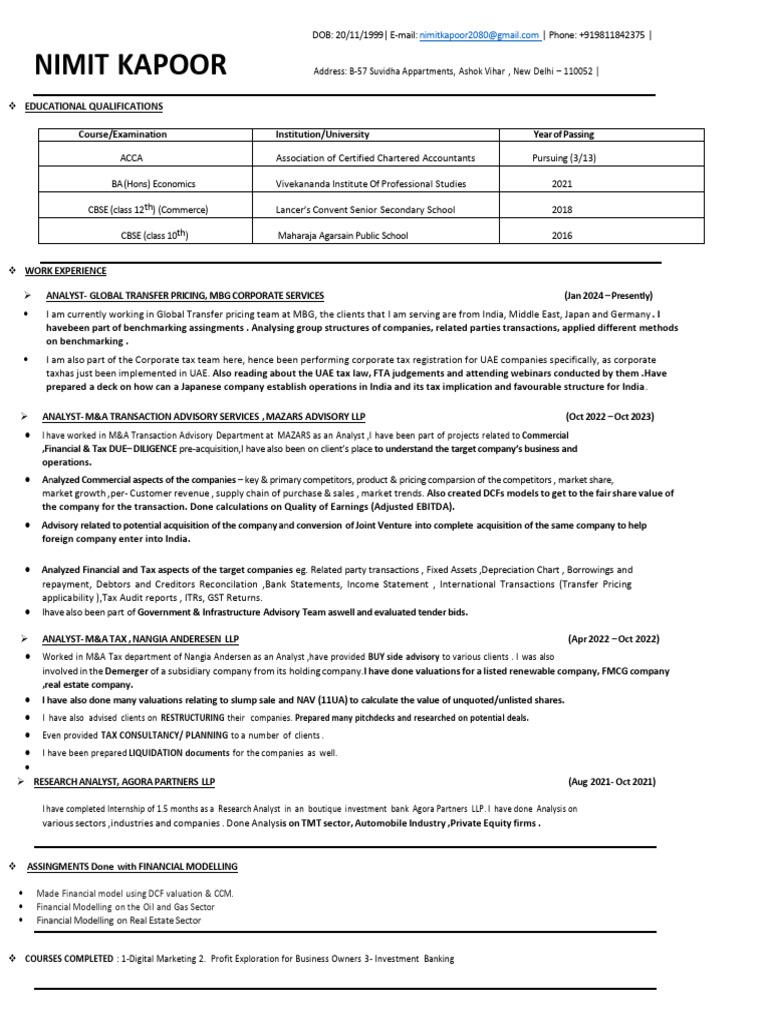 (U) - RESUME - NIMIT KAPOOR - Nimit Kapoor | PDF | Mergers And ...