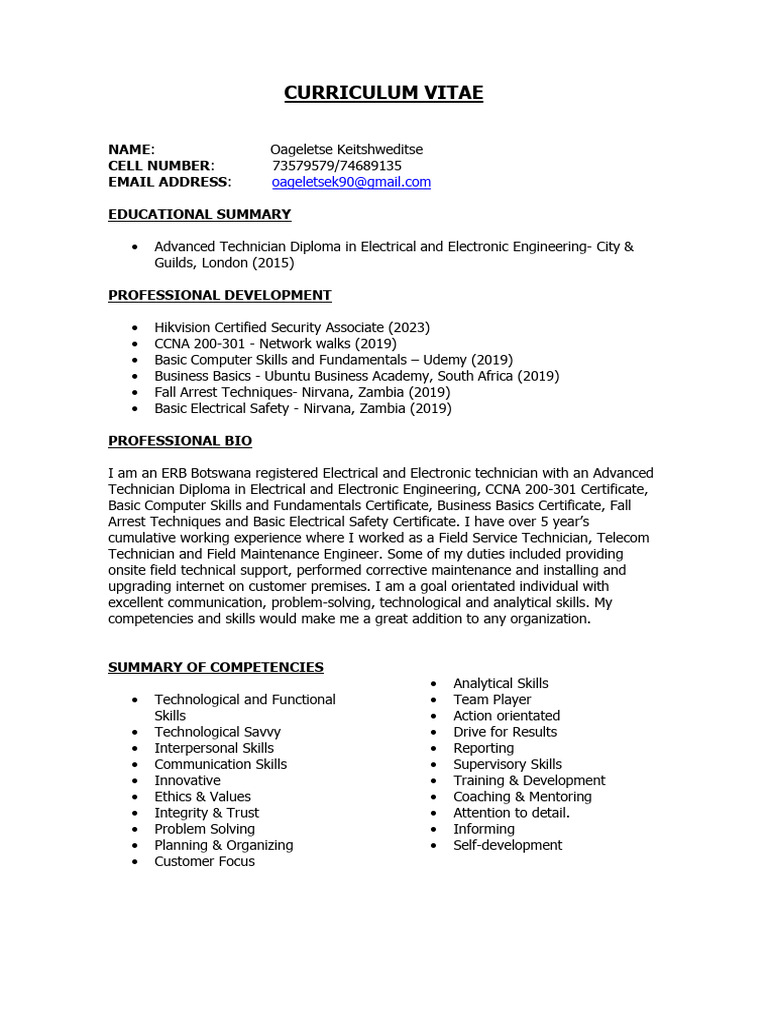 Oageletse Keitshweditse CV | PDF | Technical Support | Computing