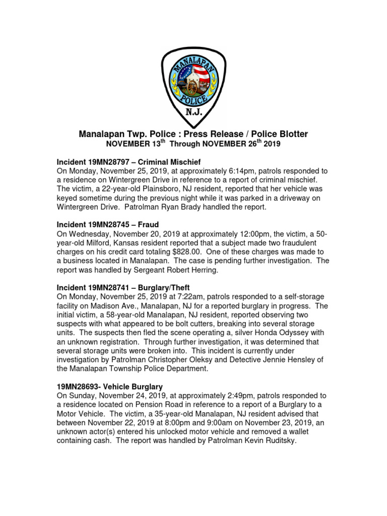 Manalapan Police Blotter Nov 2019 | PDF | Police Officer | Robbery
