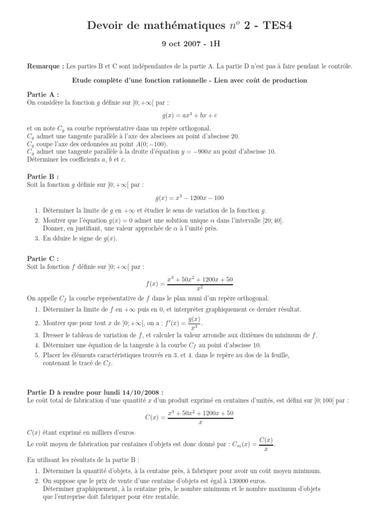Devoir de mathématiques TES4 - Fonction g | PDF | Fonction ...