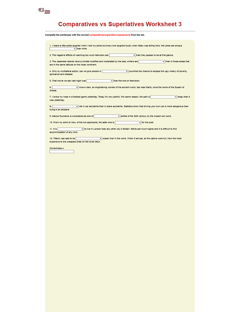 Comparatives Vs Superlatives Worksheet 3: Complete The Sentences With The Correct From The List ...
