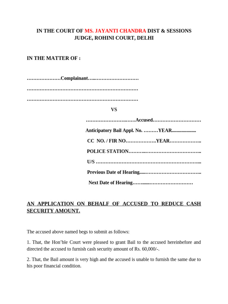 Cash Bail Reduction Application | PDF