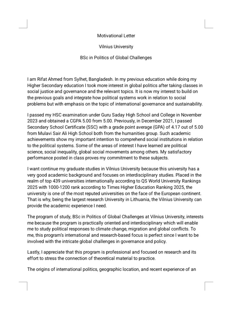 Motivational Letter - BSC in Politics of Global Challenges | PDF