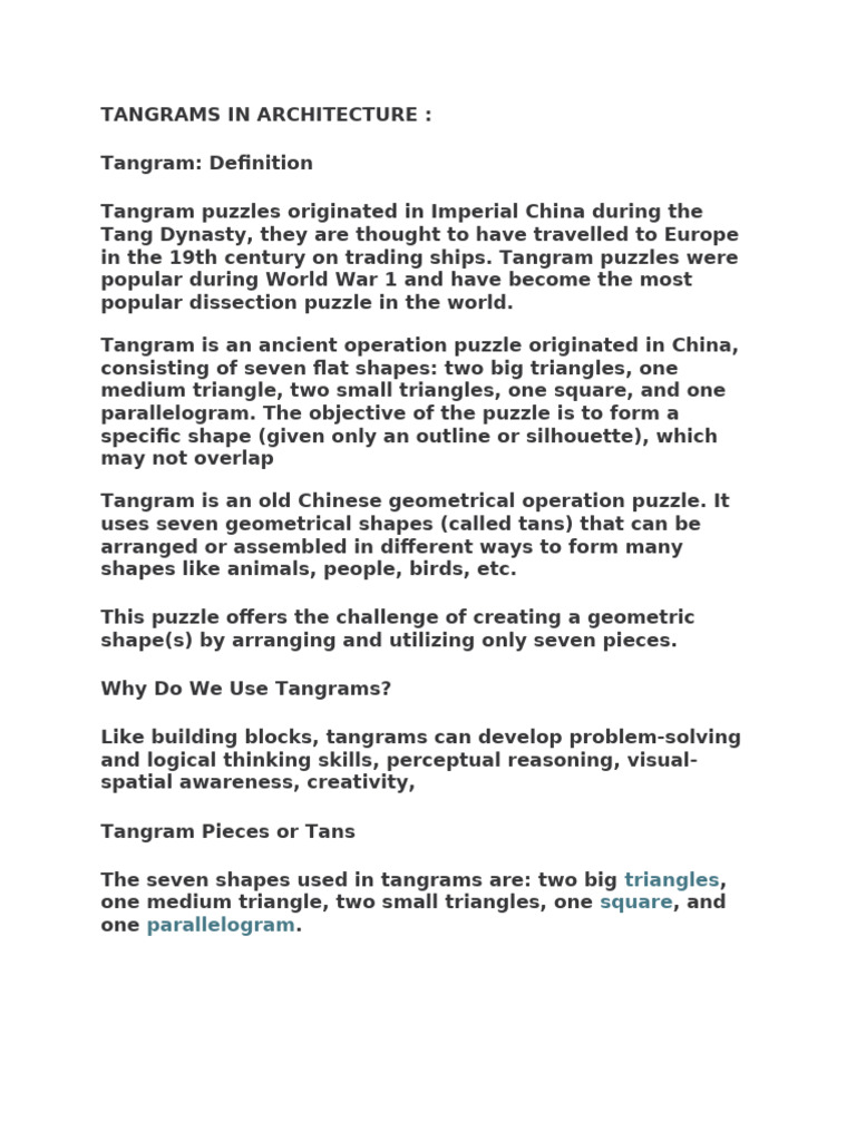 Tangrams Pzzles in Architecture | PDF | Rectangle | Elementary Geometry