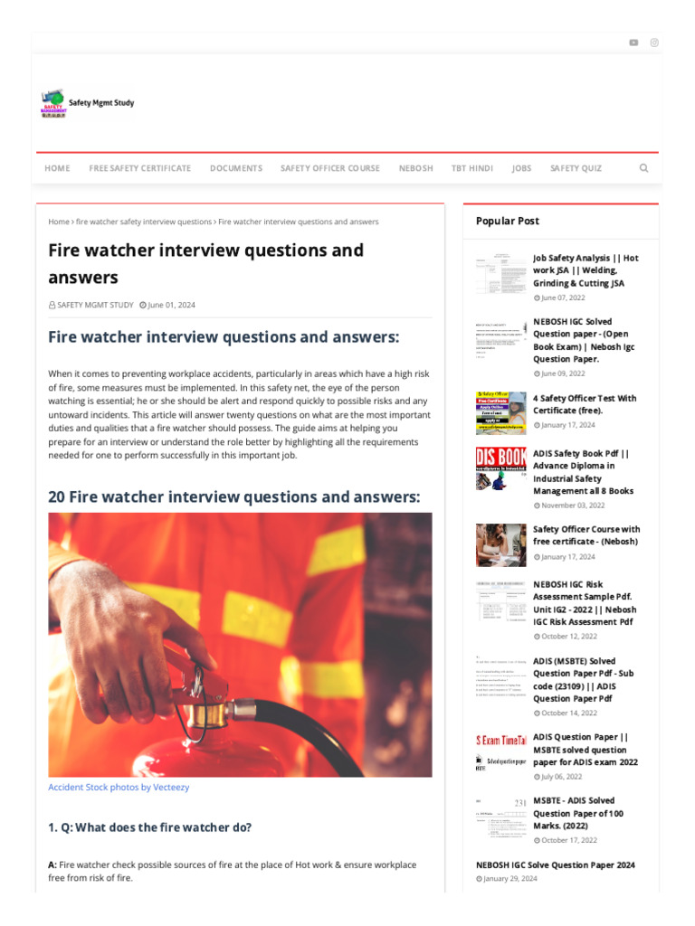 Fire Watcher Interview Questions and Answers | PDF | Fire Safety | Fires