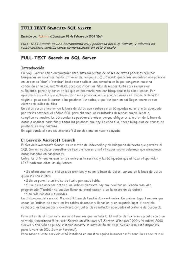 Fulltext Search en SQL Server | PDF | Servidor SQL de Microsoft | SQL