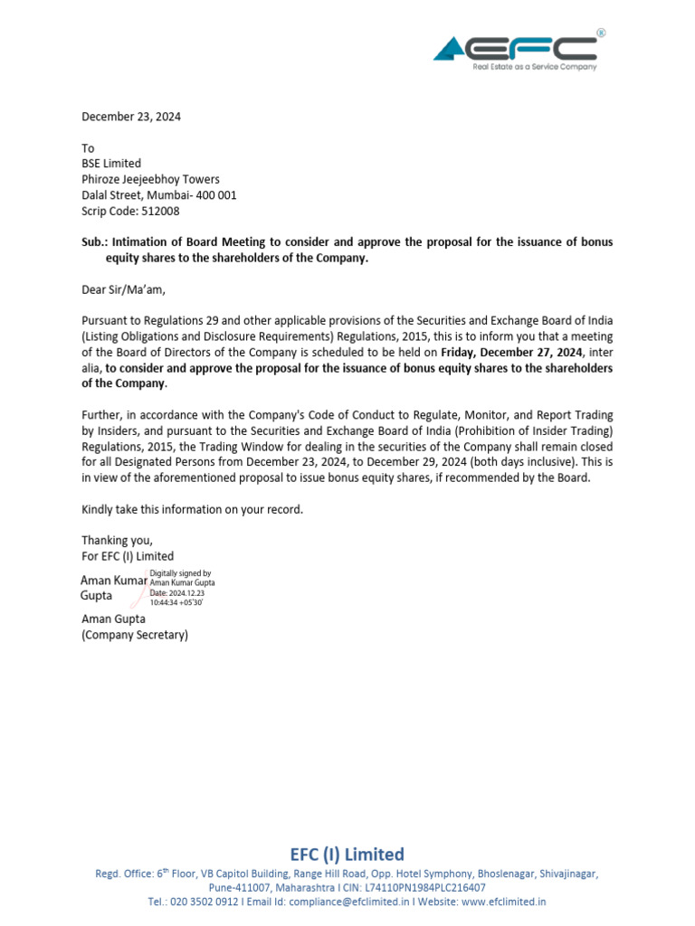 EFC (I) Limited: Dear Sir/Ma'am | PDF