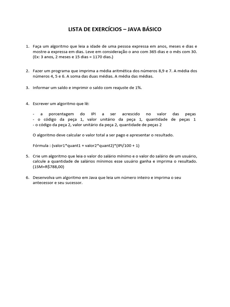 Exercícios Práticos de Java Básico | PDF