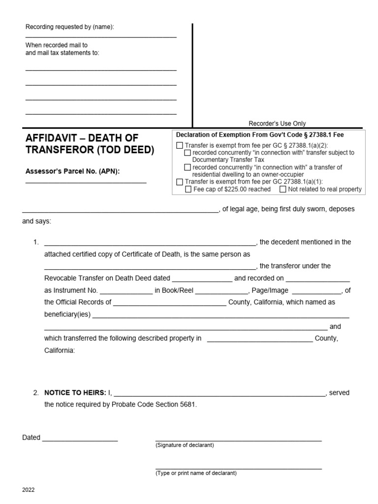 Form Affidavit Death TOD 2022 | PDF | Legal Documents | Natural ...