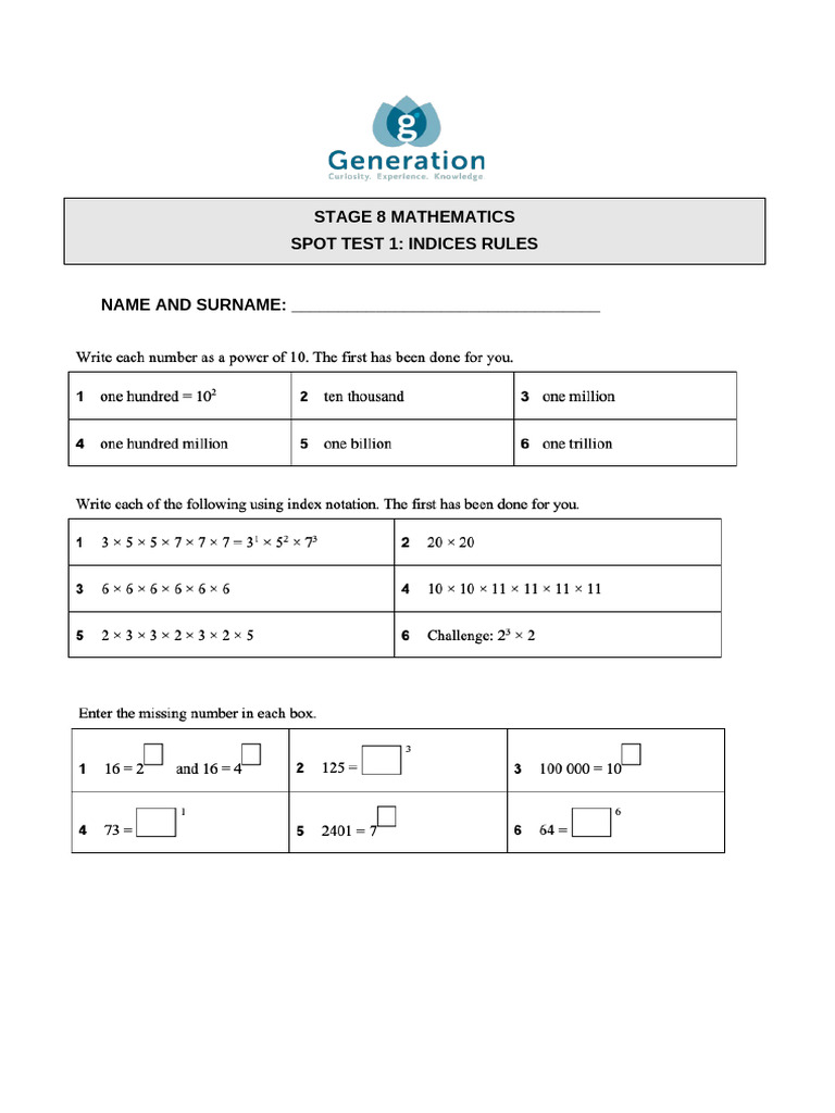 Stage 8 Math Indices Test | PDF