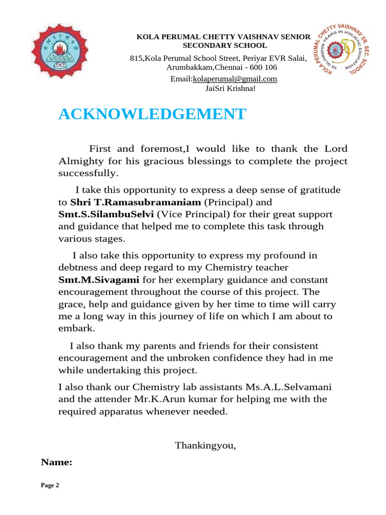 12th Project Acknowledgement Page | PDF