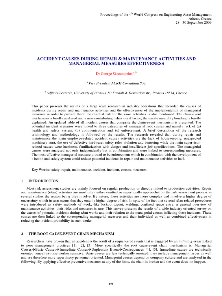 Accident Causes During Repair & Maintenance Activities and Managerial ...