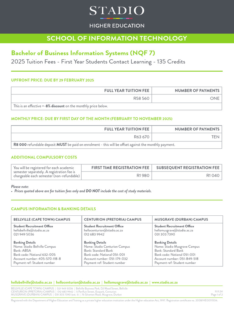 STADIO SOIT CL Bachelor of Business Information Systems Fees 2025 | PDF ...
