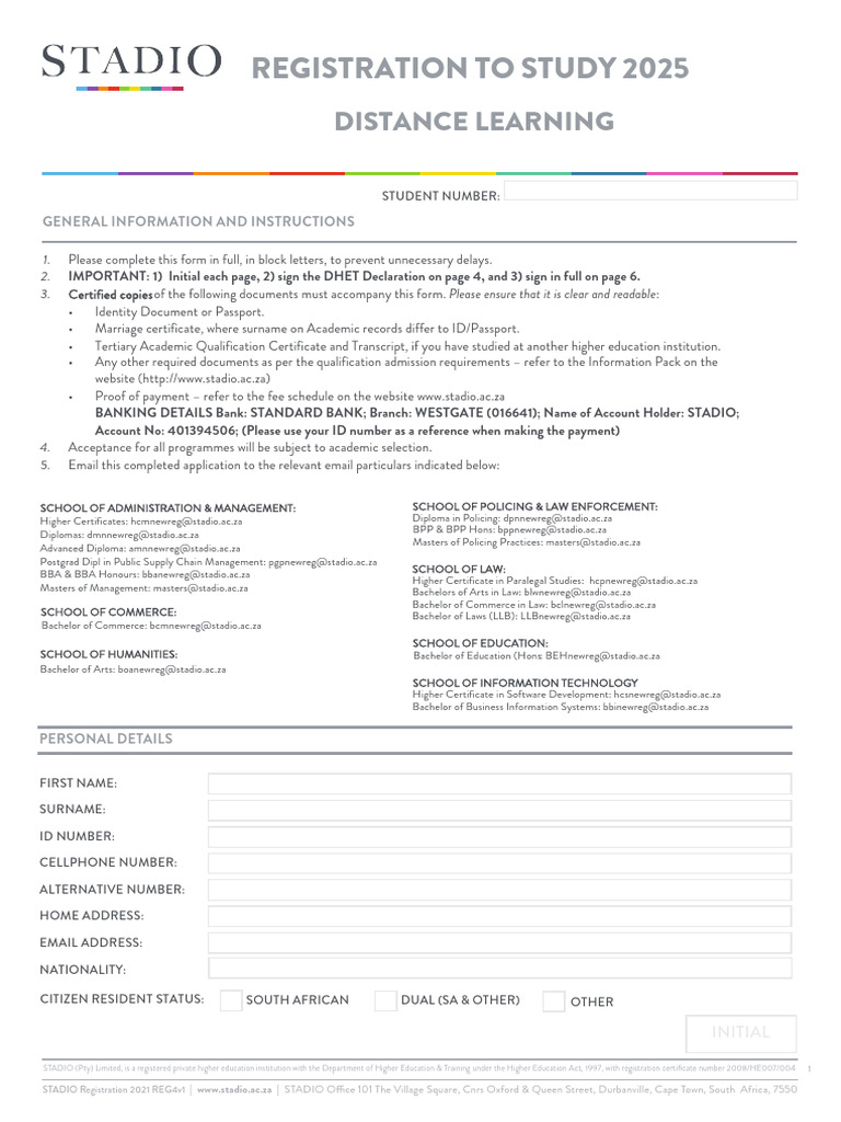 STADIO Registration Application (R1) 2025 V1 | PDF | Bachelor's Degree | Diploma