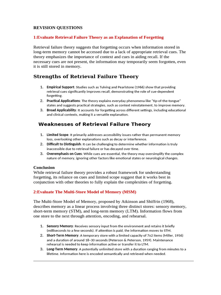 EVALUATION REVISION QUESTIONS | PDF | Long Term Memory | Memory