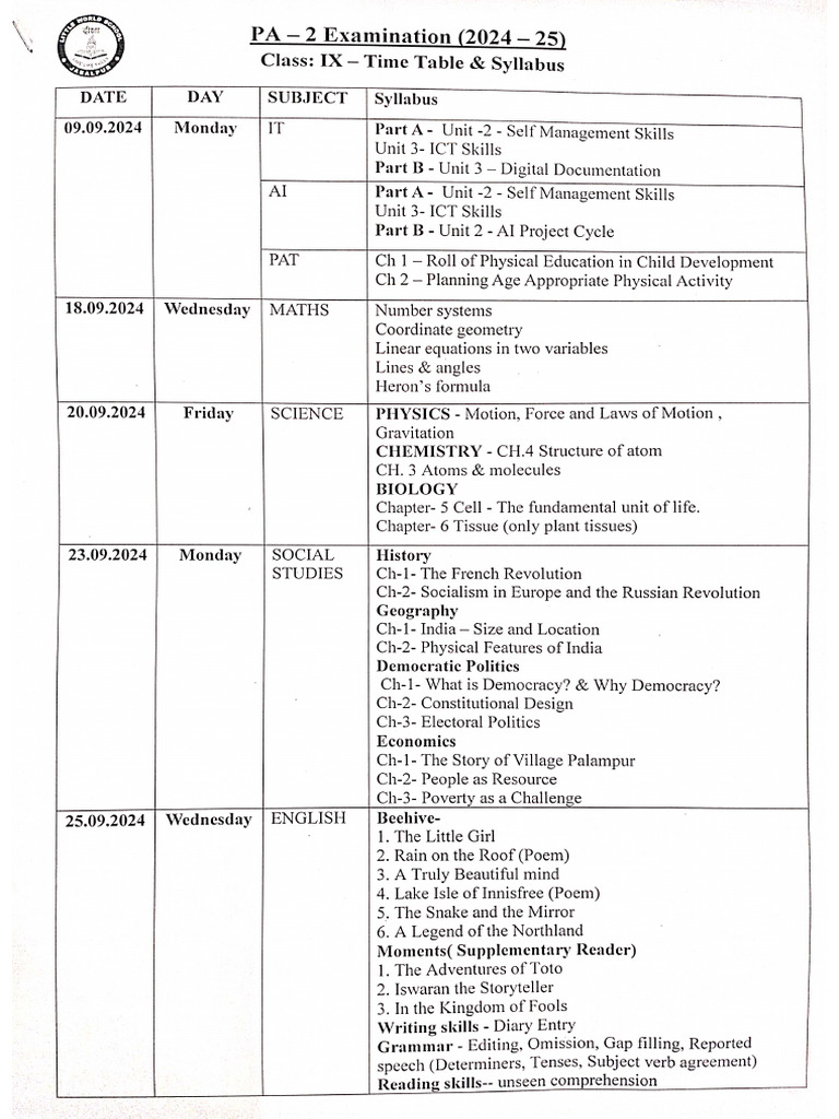 Class 9 Revised PA 2 Time Table and Syllabus | PDF