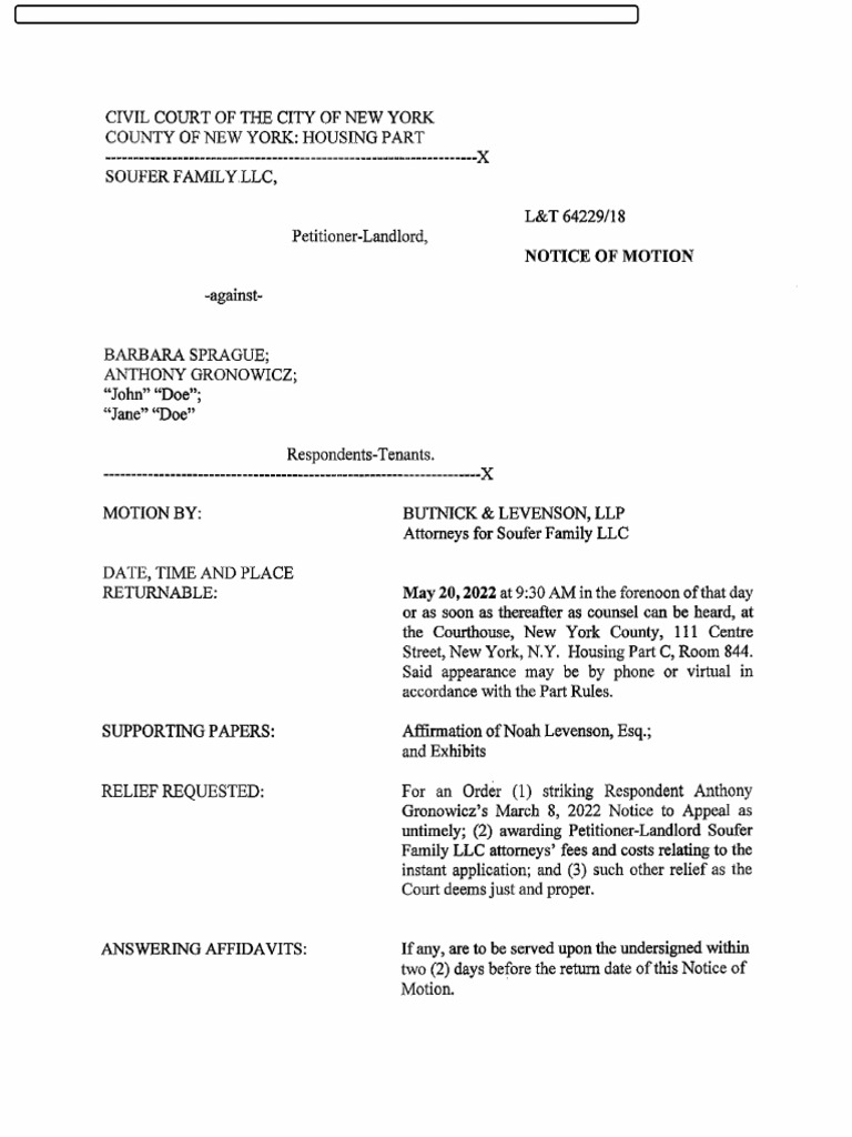 LT 064229 18 NY Soufer Family LLC V Barbara Sprague Et Al NOTICE OF ...